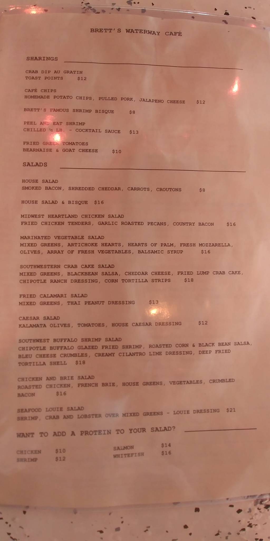 Menu at Brett's Waterway Cafe, Fernandina Beach