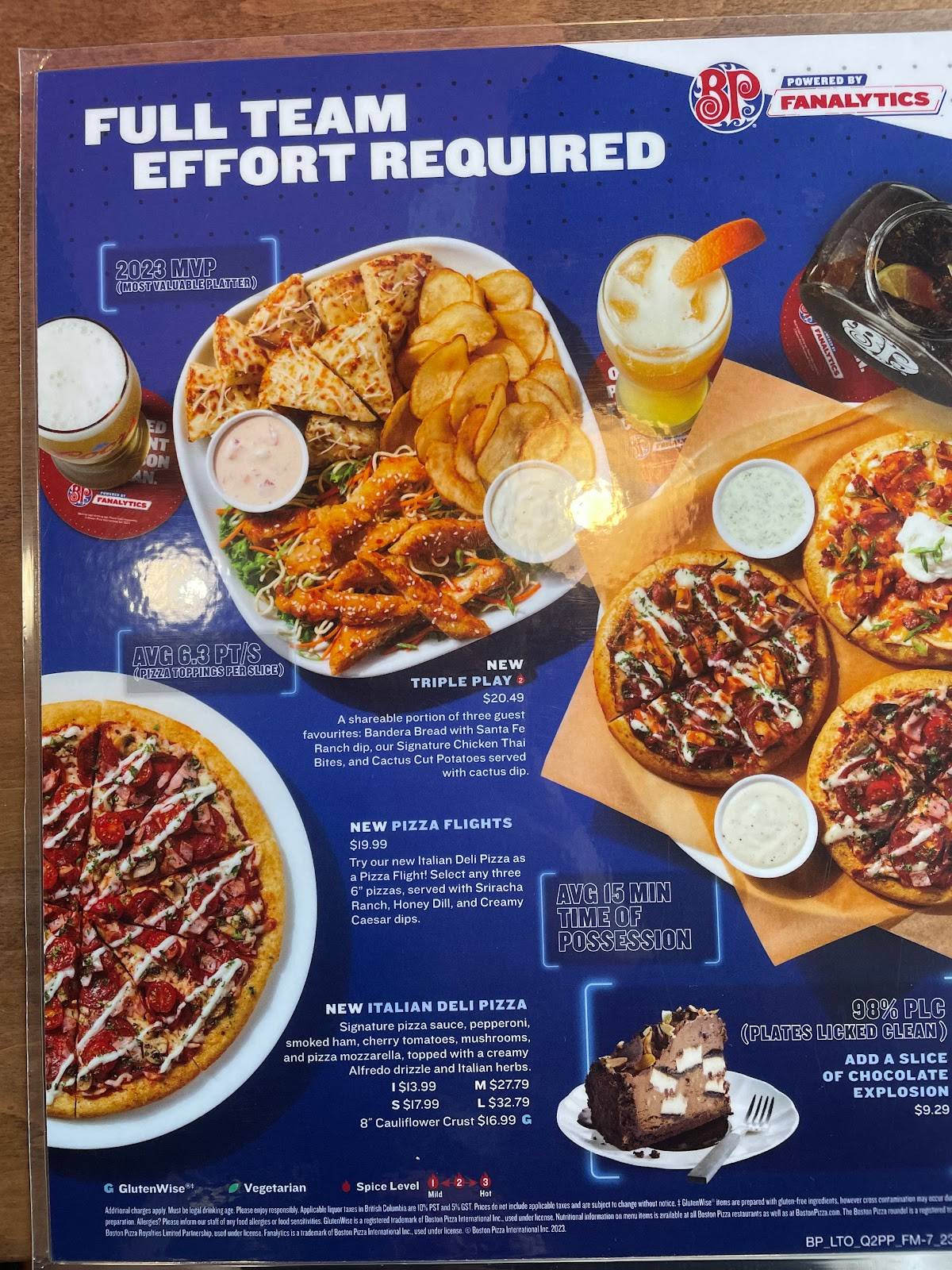 Menu at Boston Pizza pizzeria, Bridgewater