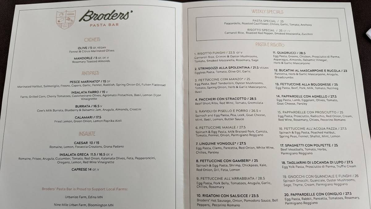 Menu at Broders' Pasta Bar, Minneapolis