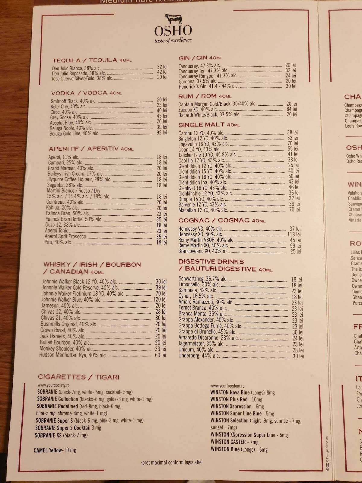 Menu at Osho, Bucharest