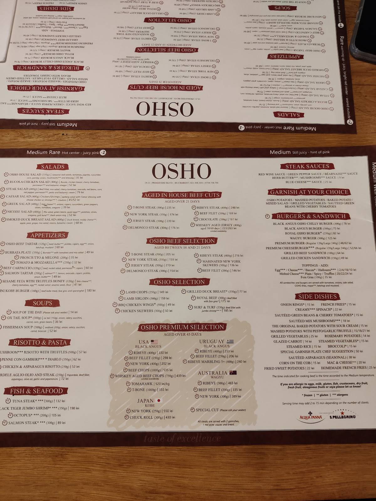 Menu at Osho, Bucharest
