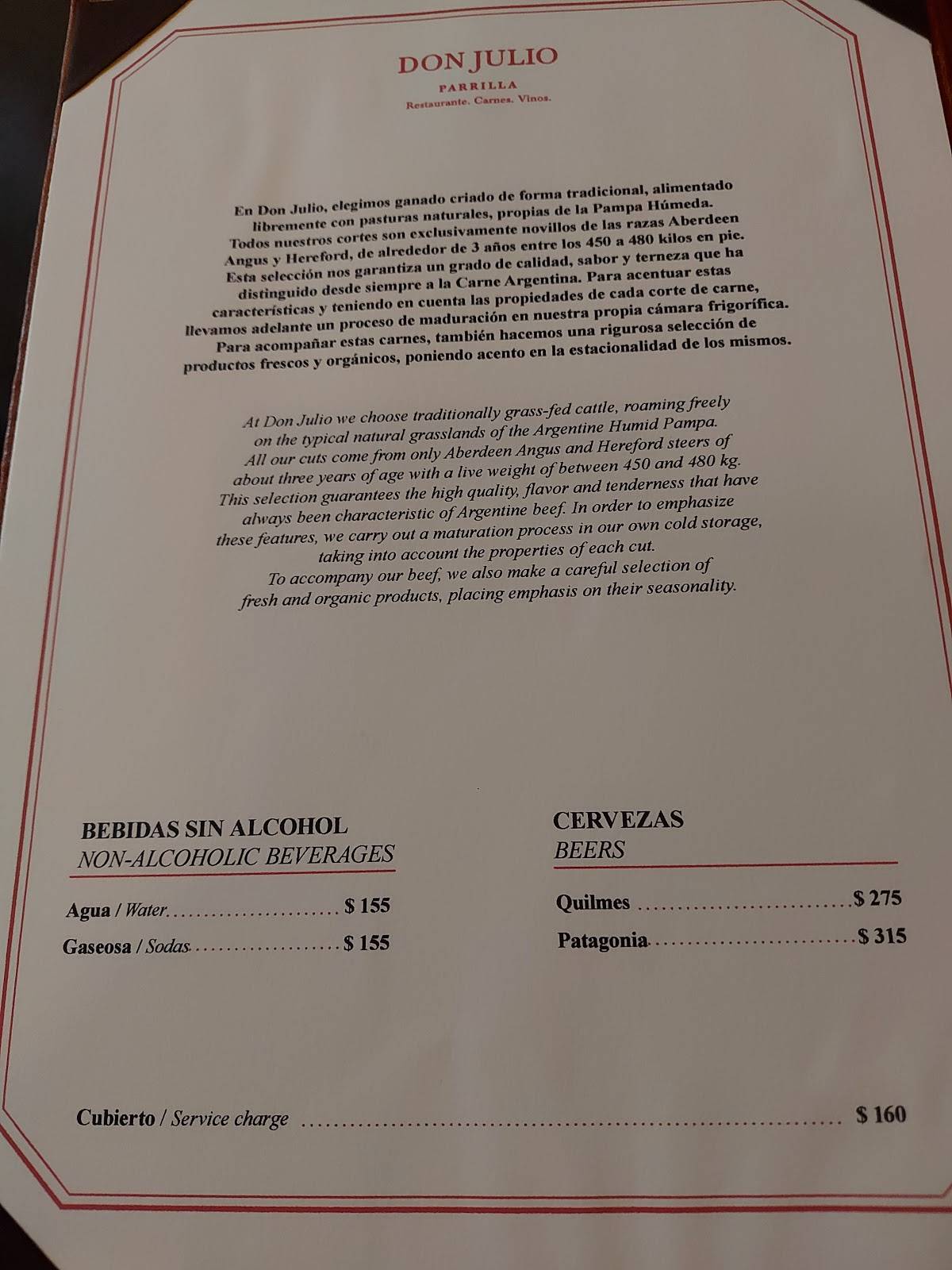 Menu at Don Julio steakhouse, Buenos Aires, Guatemala 4699