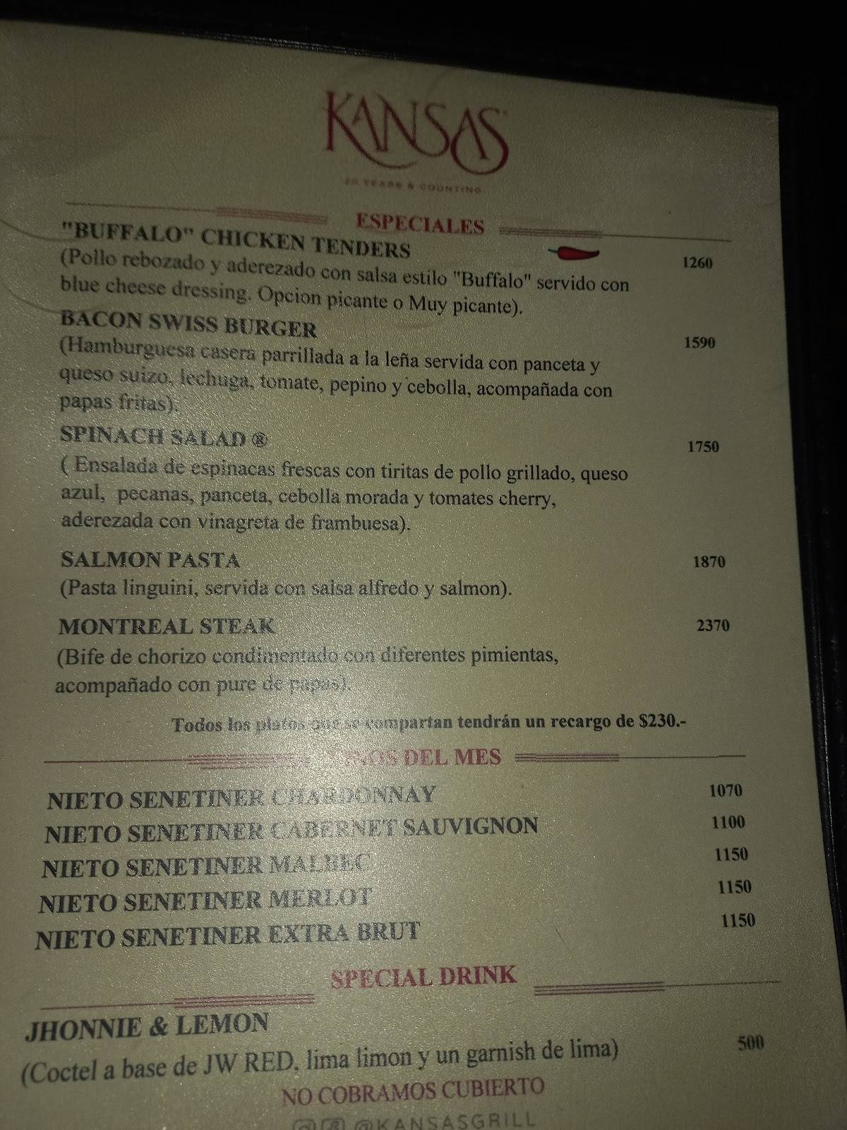 Carta del restaurante Kansas, Buenos Aires, Av. del Libertador 4625