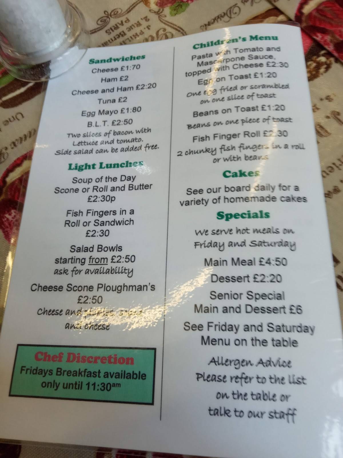 Menu at Bugbrooke Community Cafe, Bugbrooke
