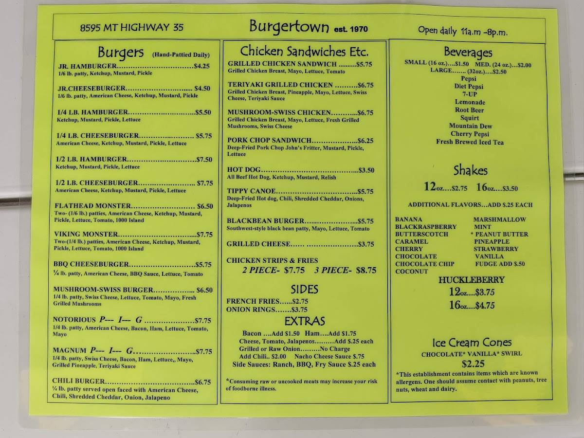 Menu at Burgertown fast food, Bigfork, Montana Hwy 35