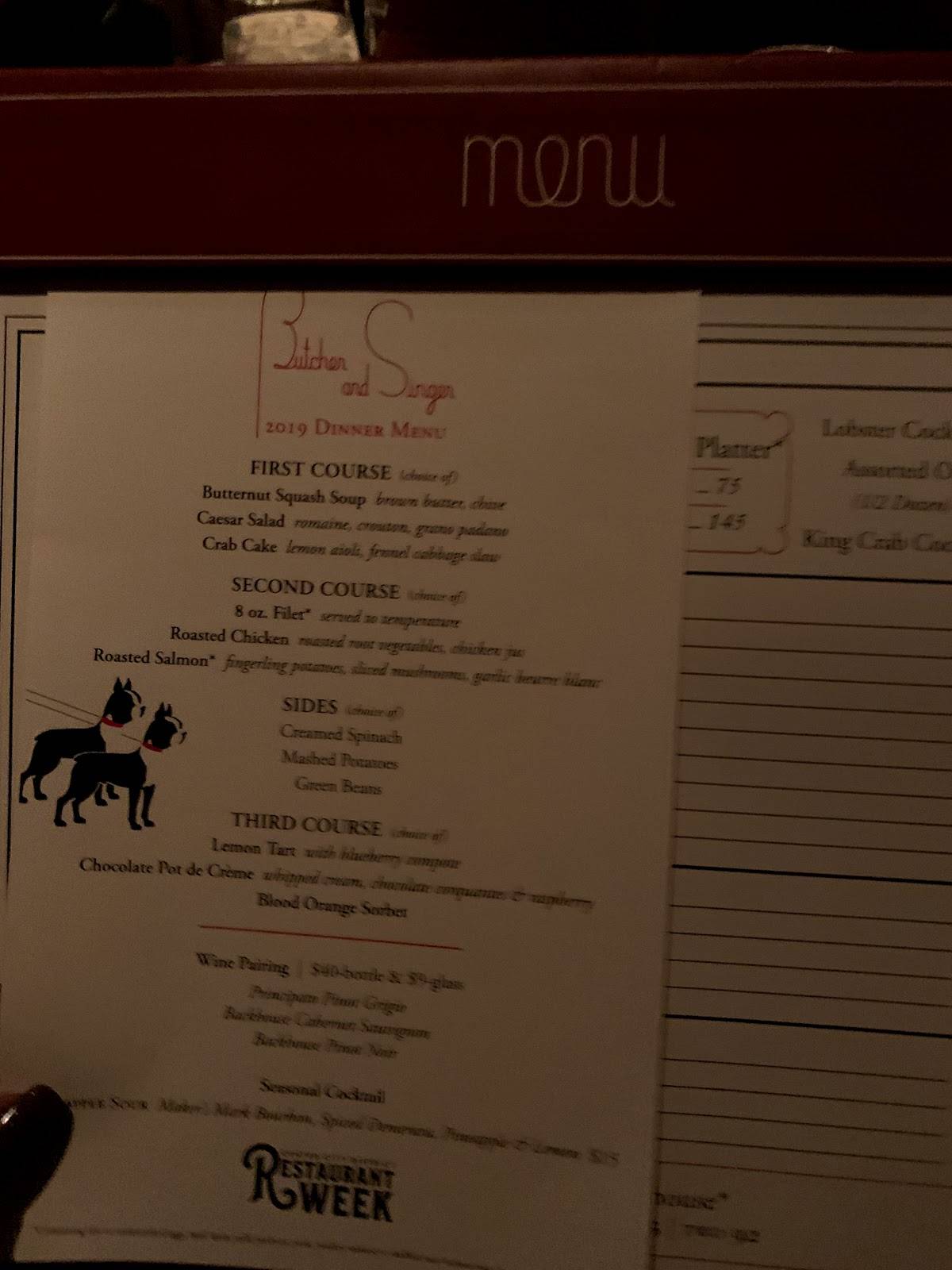 Menu at Butcher and Singer steakhouse, Philadelphia