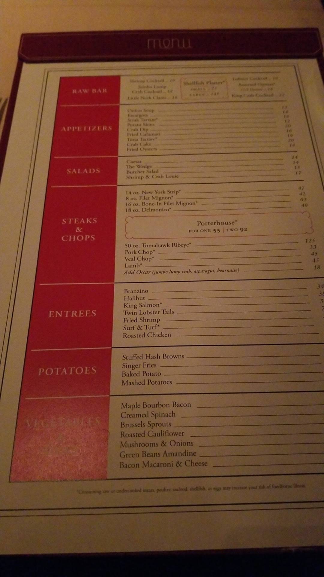 Menu at Butcher and Singer steakhouse, Philadelphia