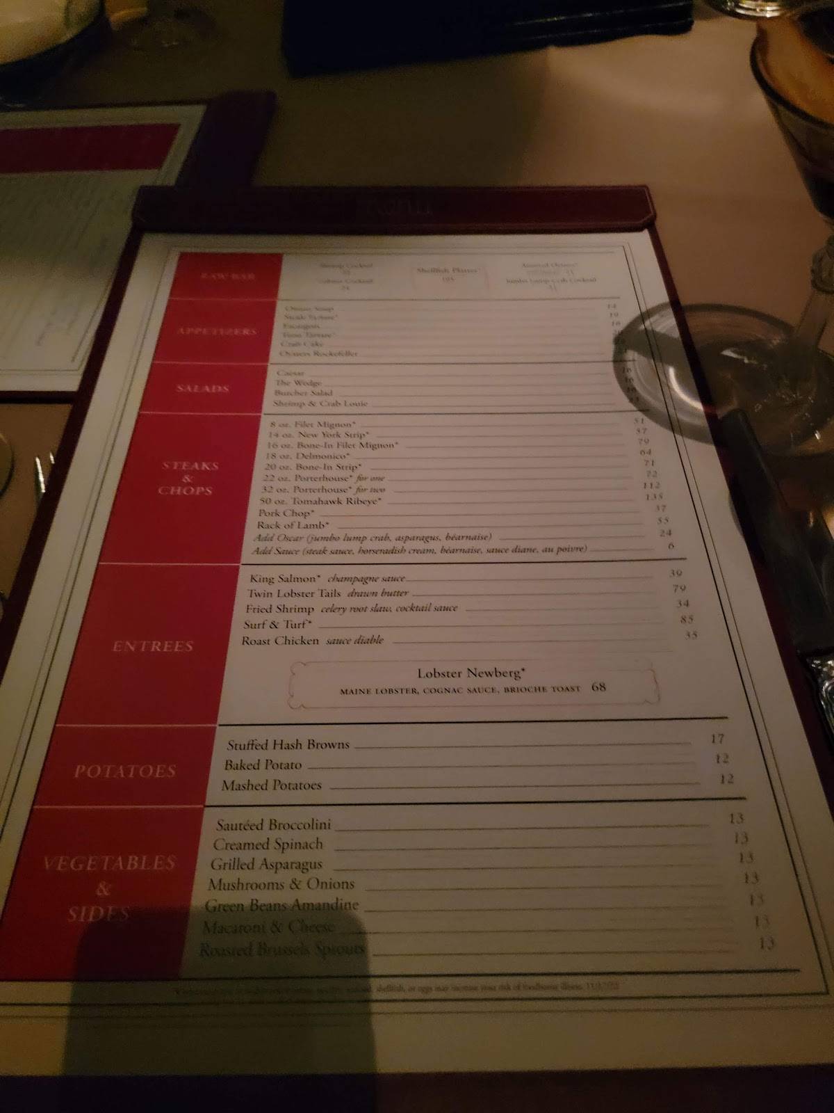 Menu at Butcher and Singer steakhouse, Philadelphia