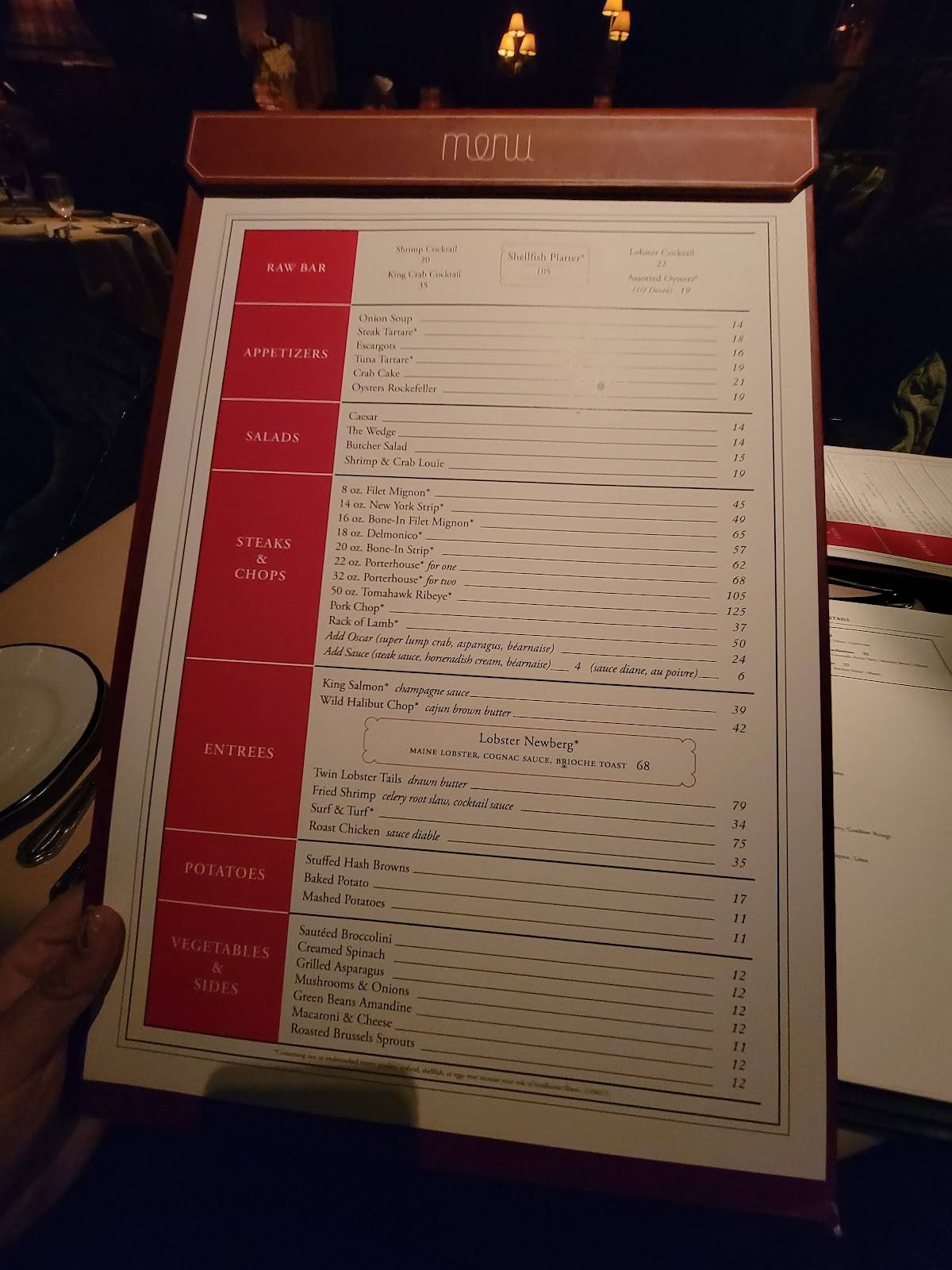 Menu at Butcher and Singer steakhouse, Philadelphia