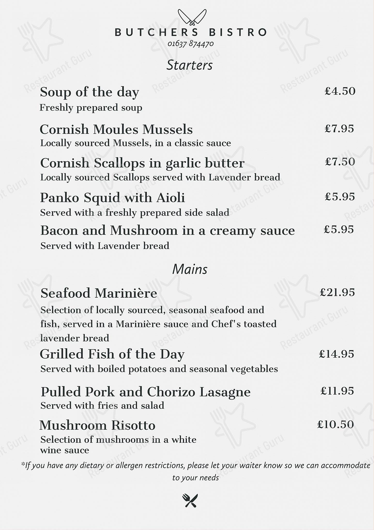 Menu at Butchers Bistro steakhouse, Newquay