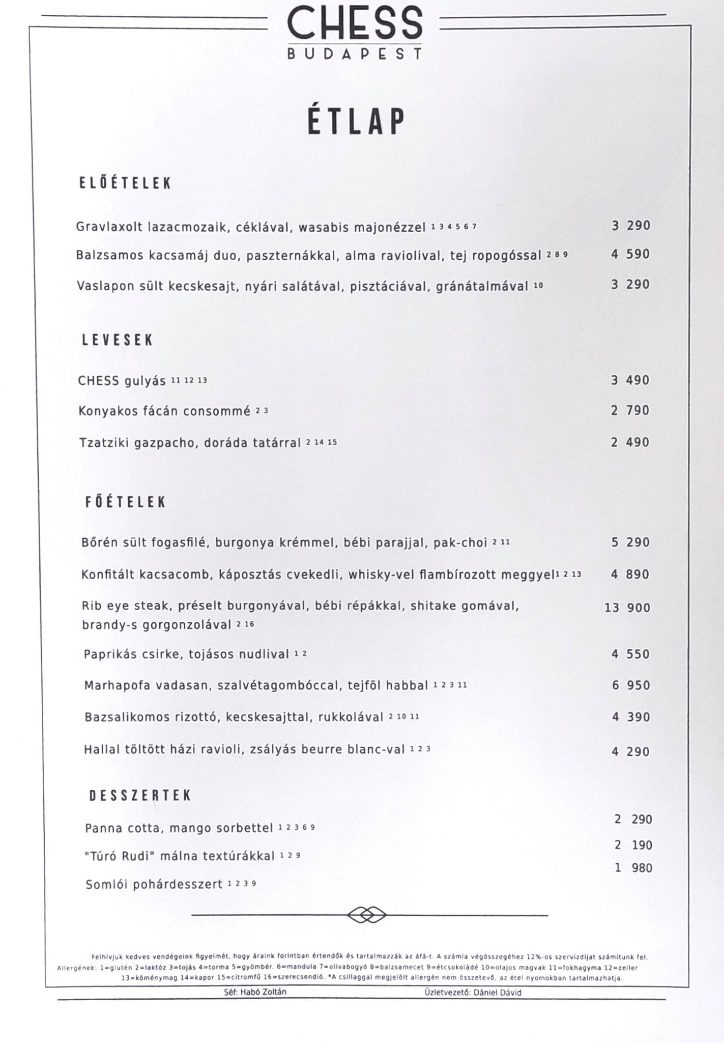Menu at CHESS RESTAURANT - BUDAPEST, Budapest