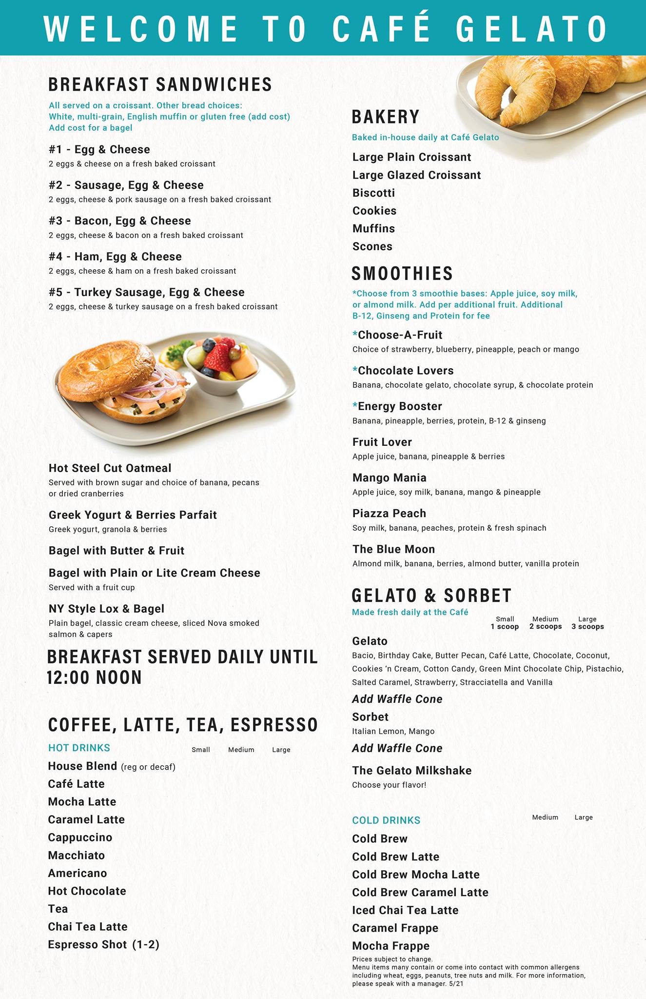 Menu at Café Gelato cafe, Myrtle Beach