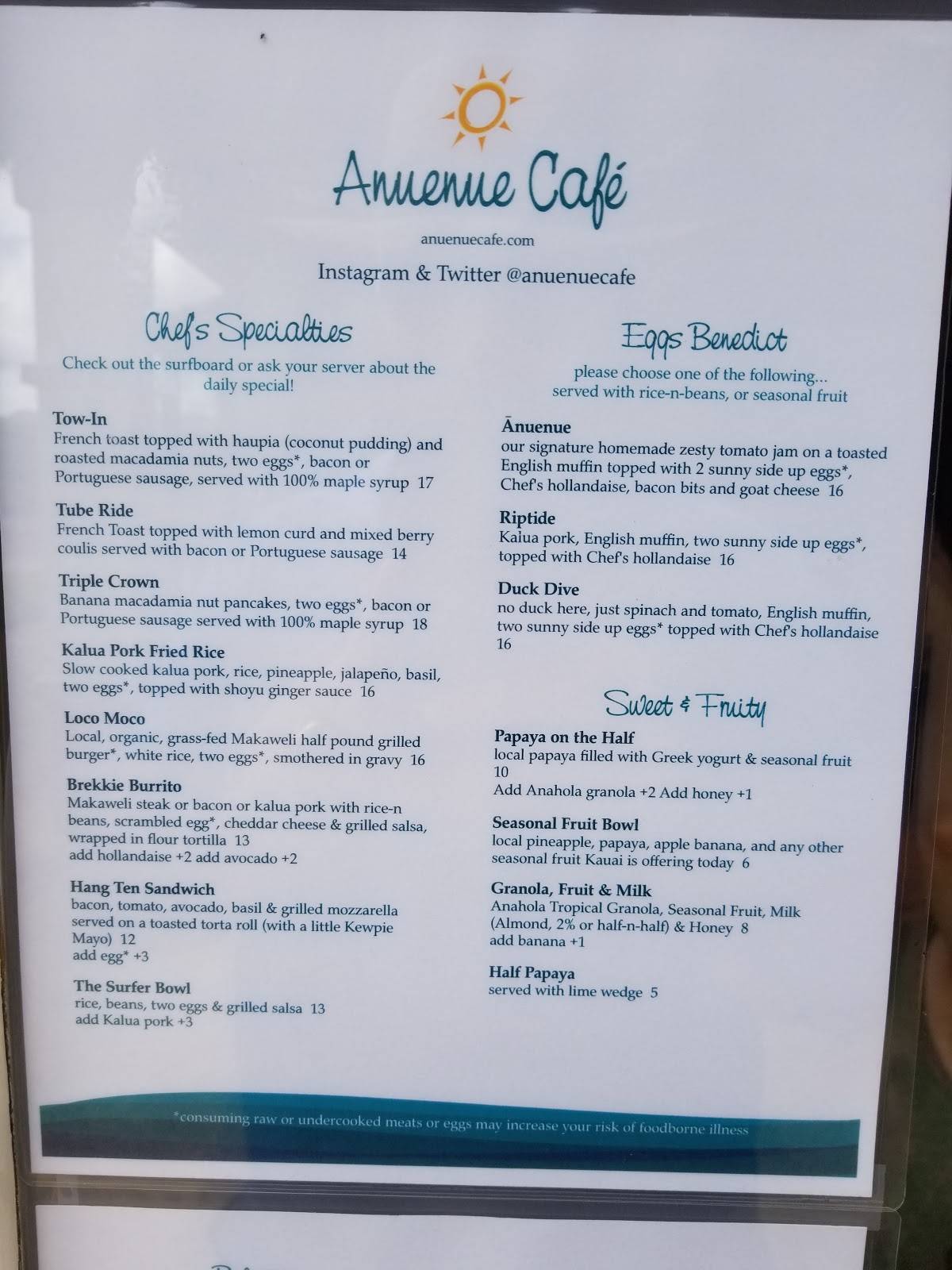 Menu at Anuenue Cafe, Koloa