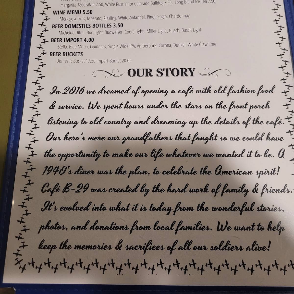 Menu at Cafe B-29, Ozark