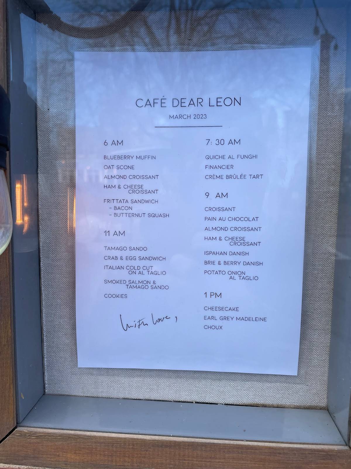 Menu at Café Dear Leon cafe, Baltimore