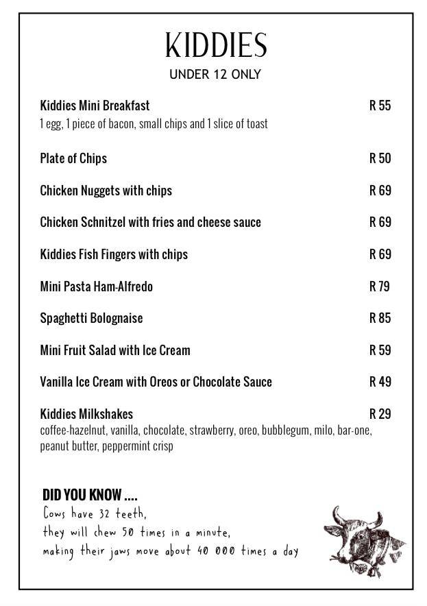 Menu at Die Melkstal cafe, Rustenburg, 188 Kock St