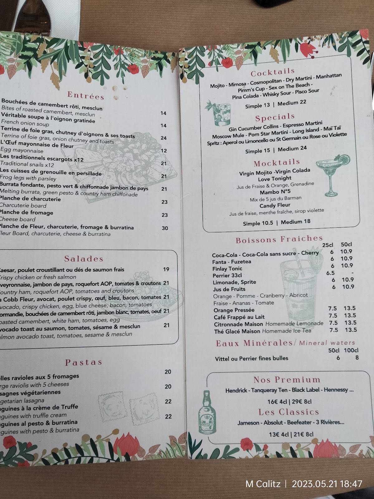 Carta de Café Fleur, Paris, 38 Av. de Suffren