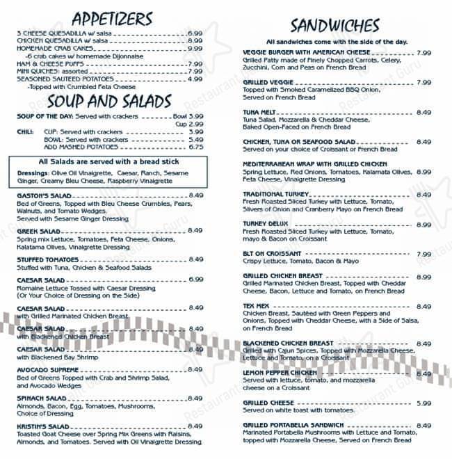 Menu at Gaston's Bistro restaurant, Orland Park