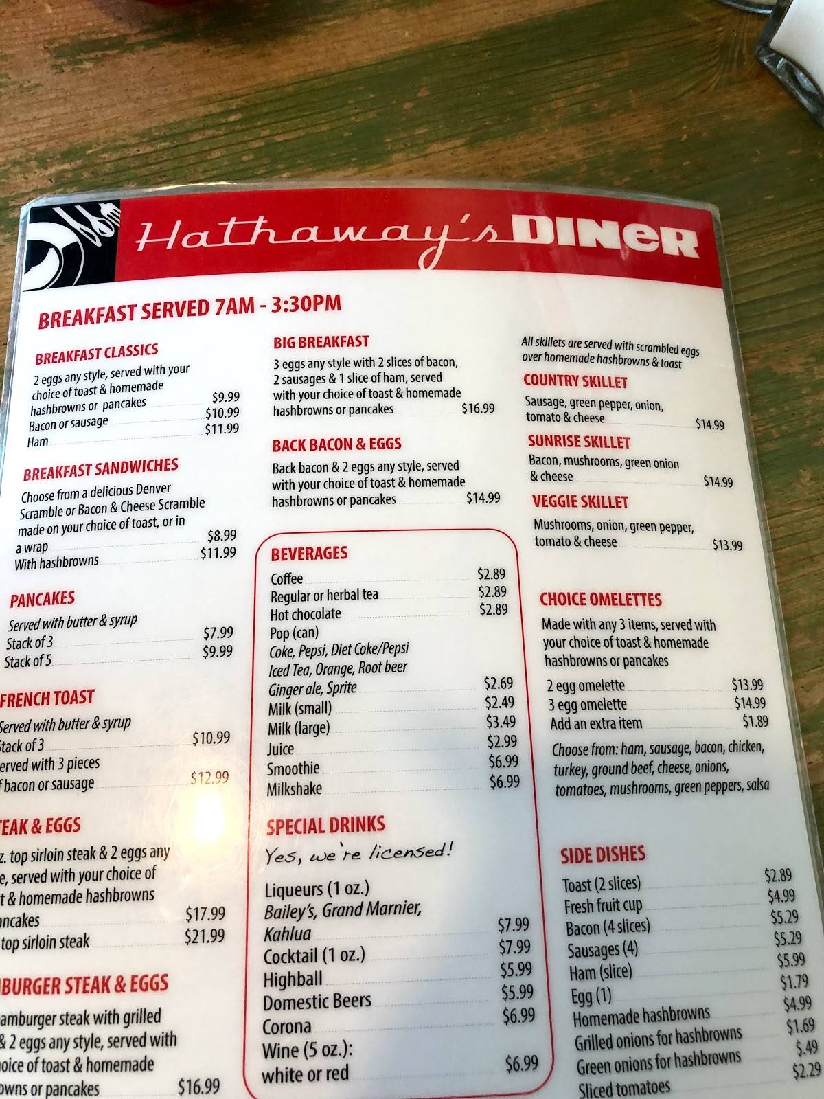 Menu at Hathaway's Diner cafe, Edmonton