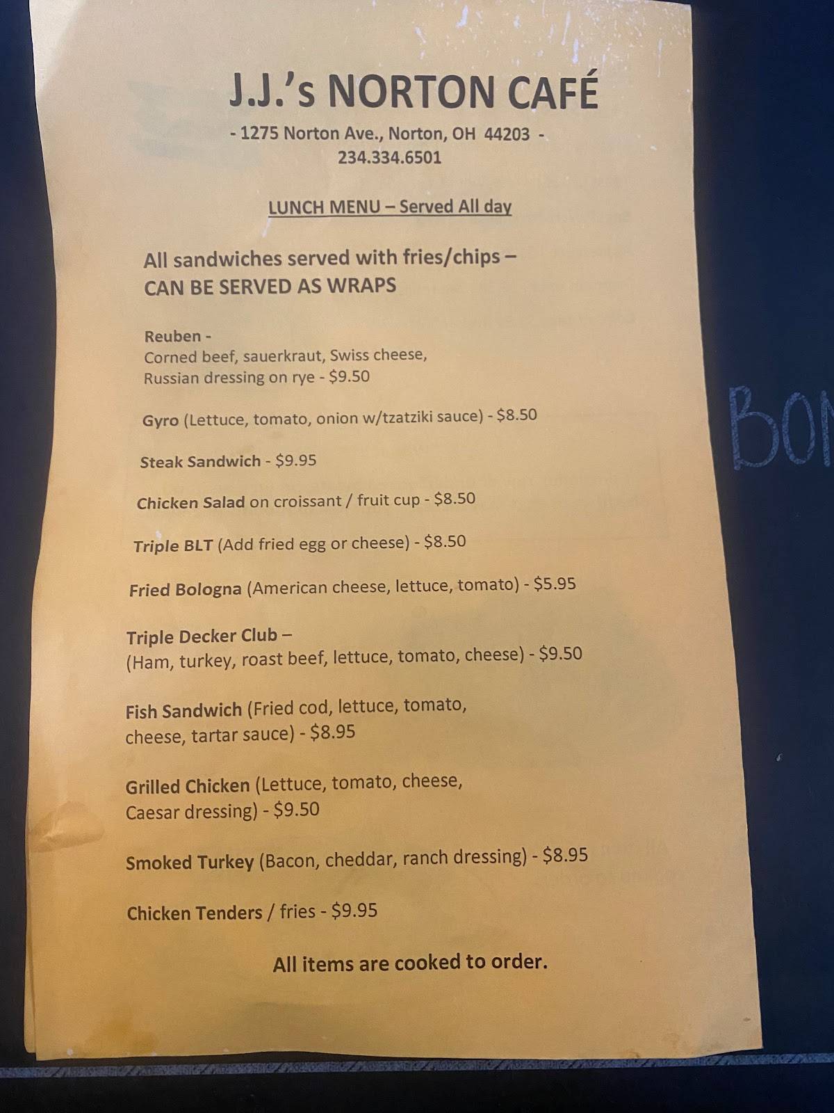 Menu at JJ's Norton Cafe, Norton