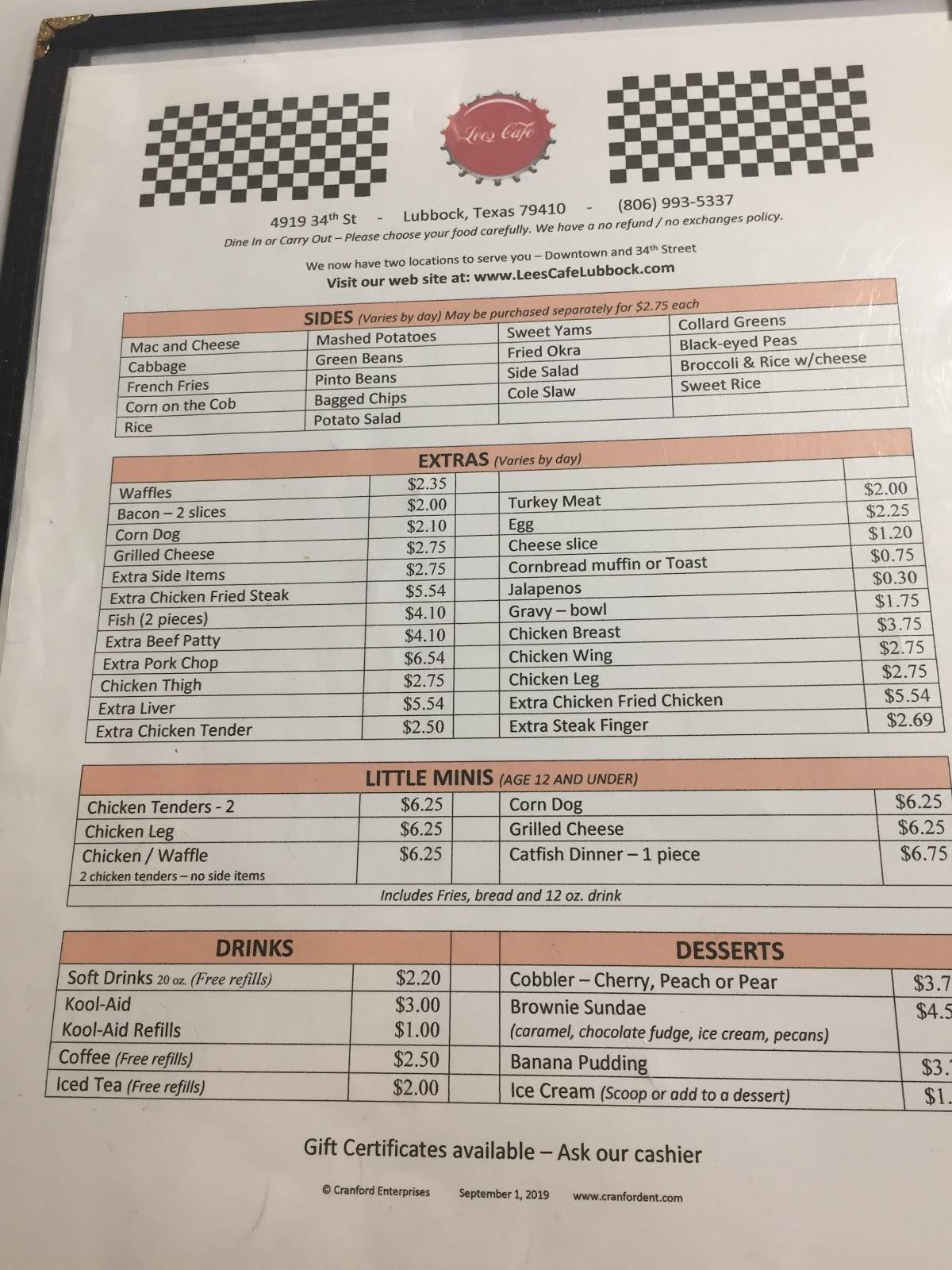 Menu at Lee's Cafe - Doc's Cafeteria, Lubbock, Milwaukee Ave # 400