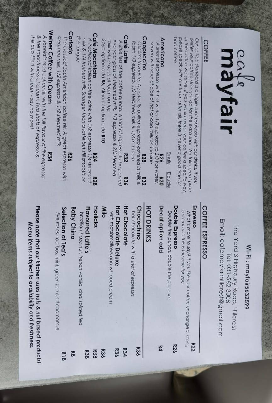 Menu at Cafe Mayfair Hillcrest, Outer West Durban