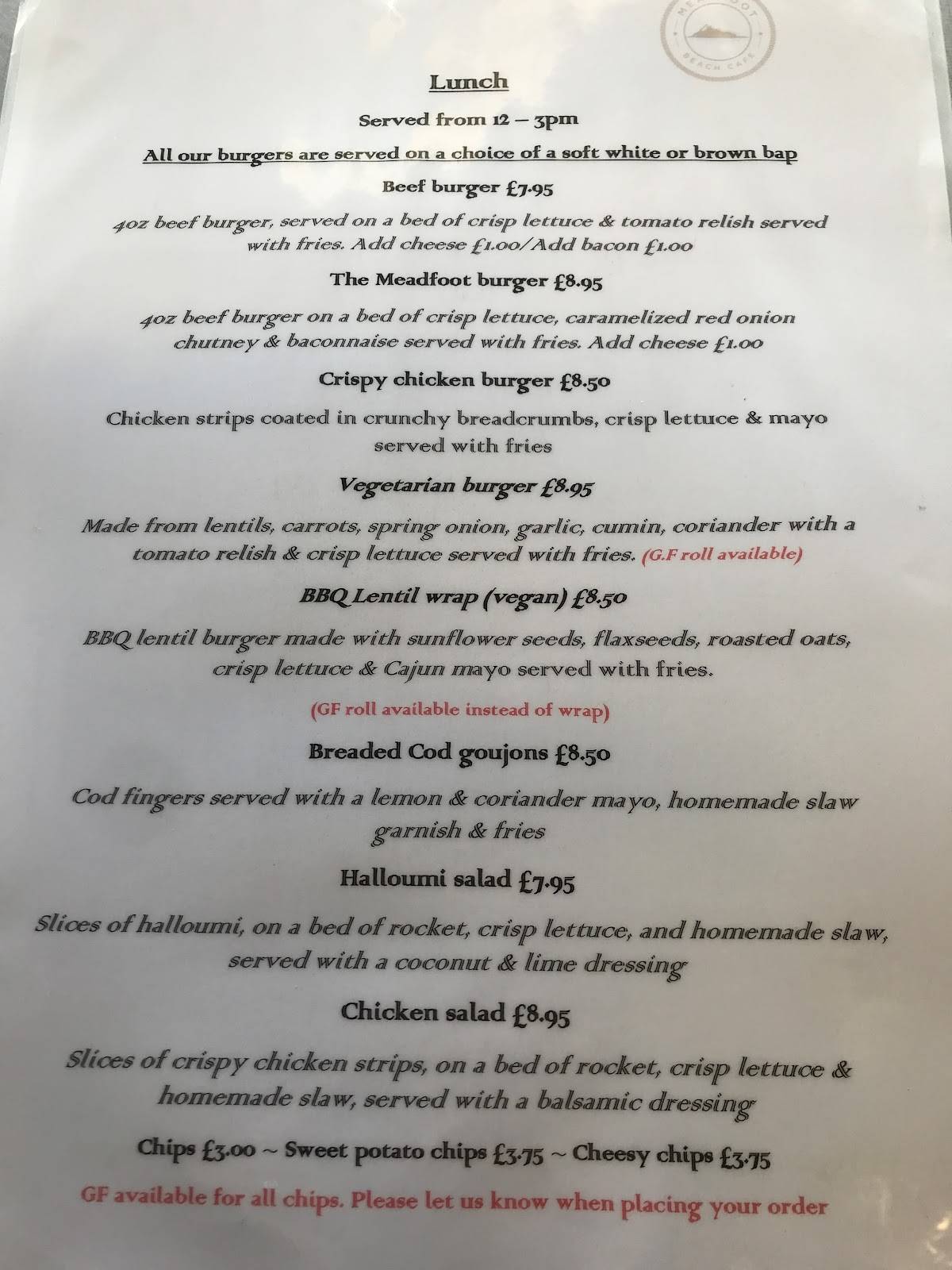 Menu at Meadfoot Beach Cafe, Torquay