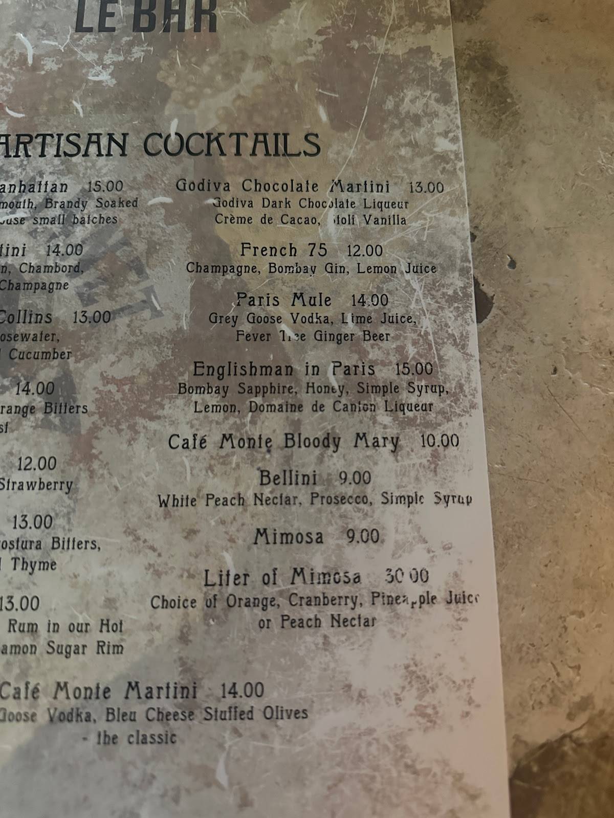 Menu at Cafe Monte French Bakery and Bistro, Charlotte