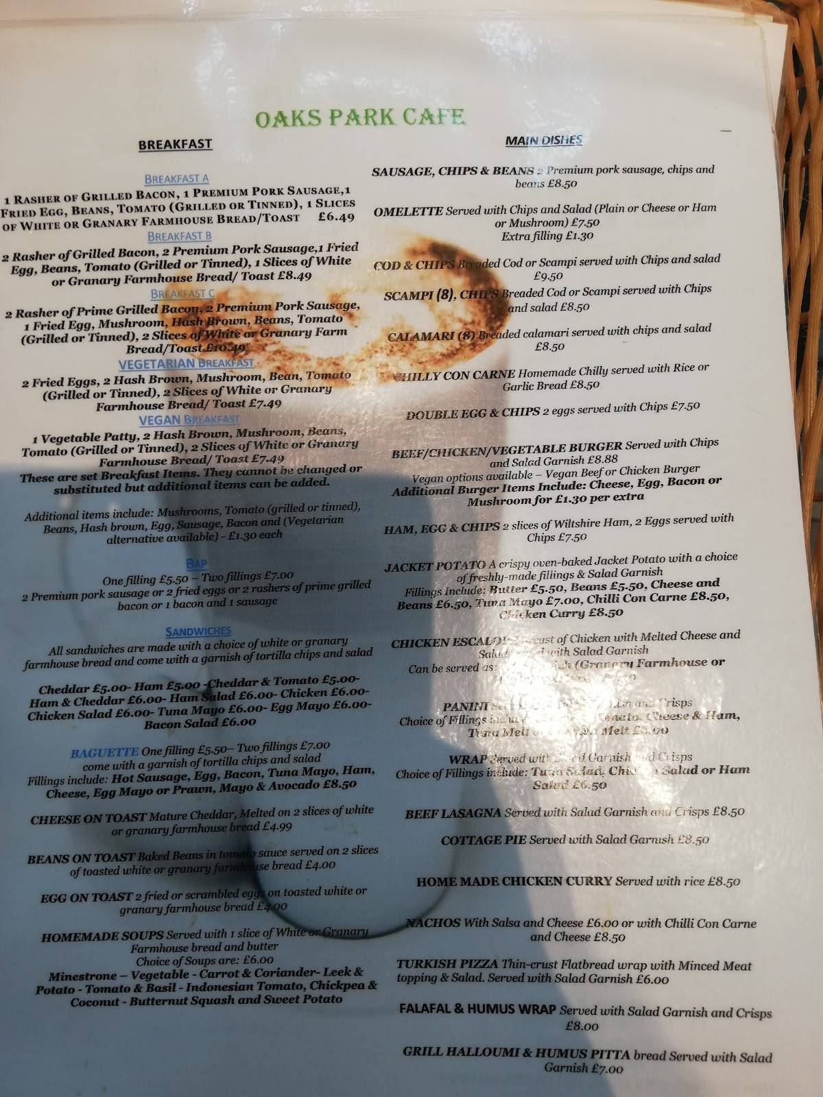 Menu at Oaks Park Cafe, Banstead