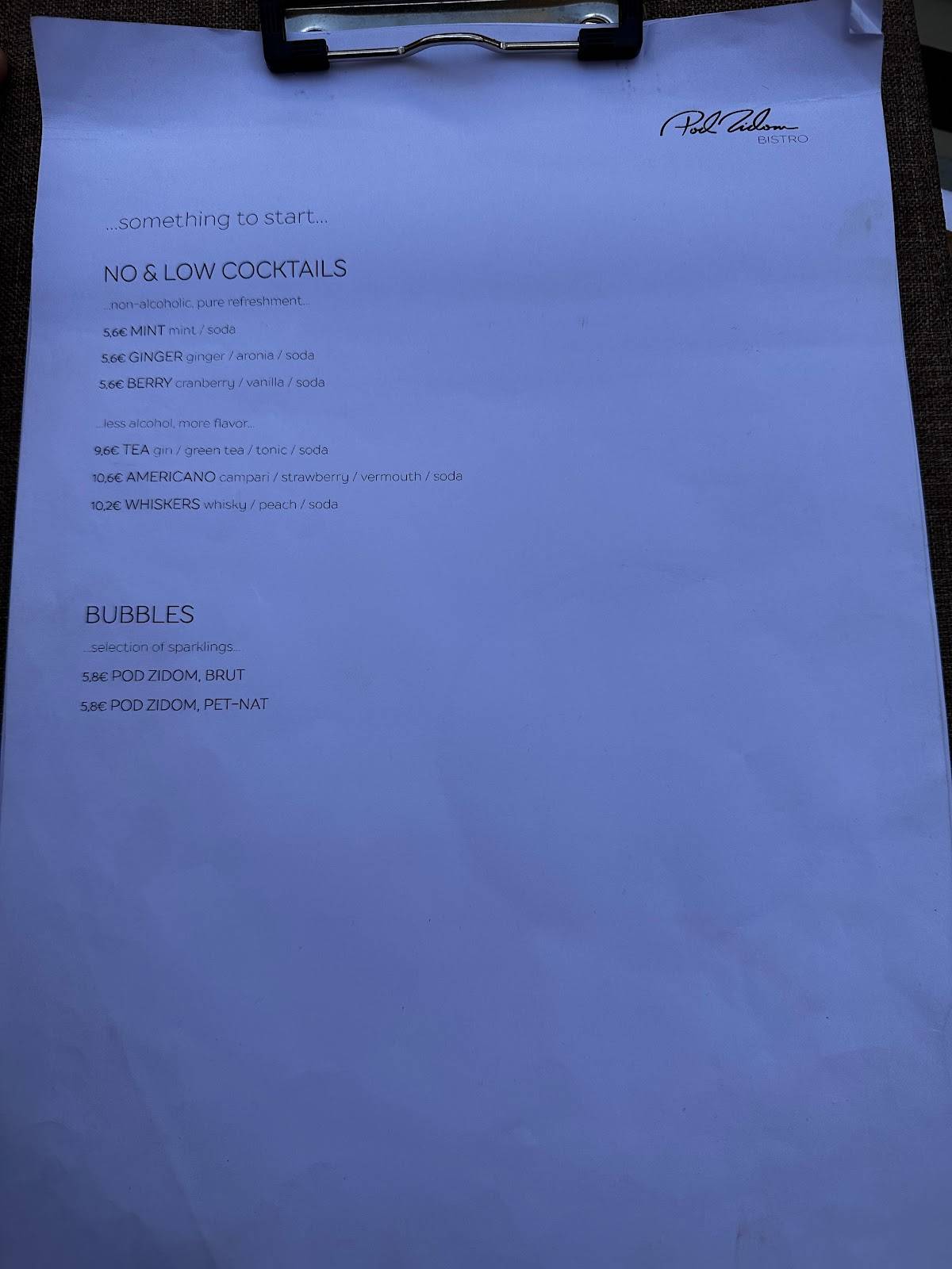 Menu at Pod Zidom Bistro cafe, Zagreb