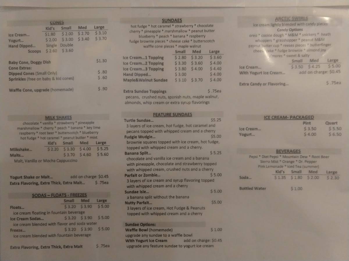 Menu at Polly's Ice Cream cafe, Franklin