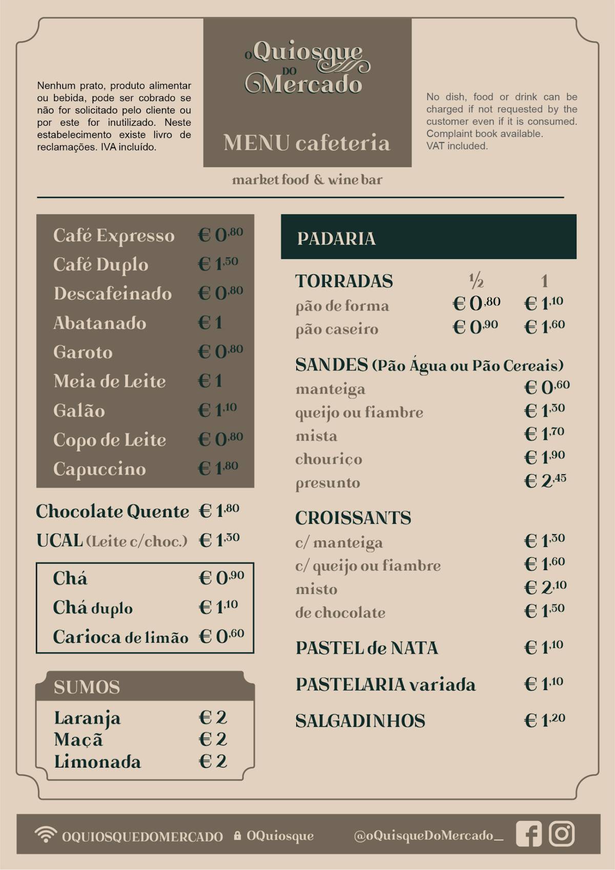 Menu em Quiosque do Mercado café, Faro