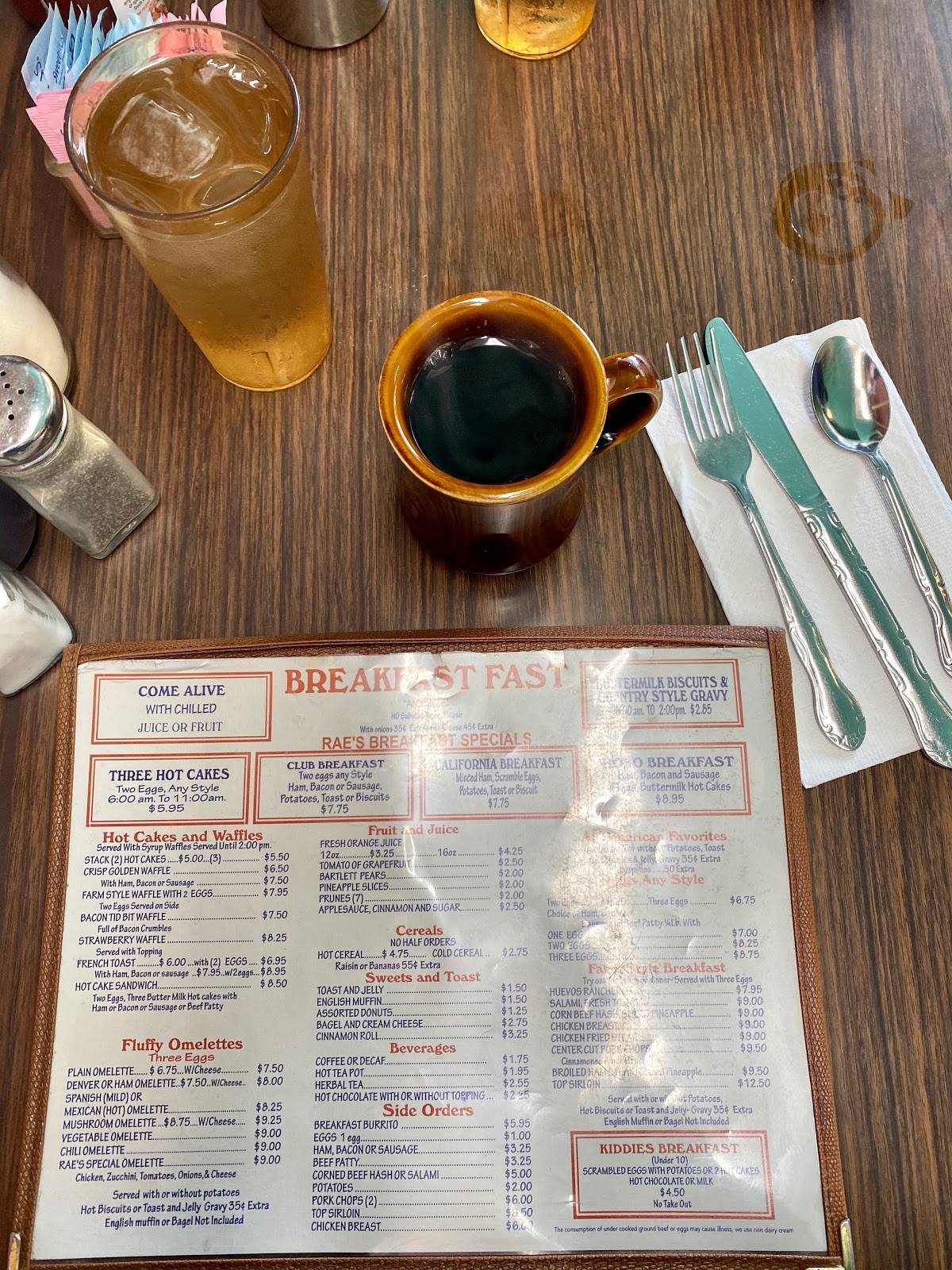 Menu at Rae's Restaurant, Santa Monica