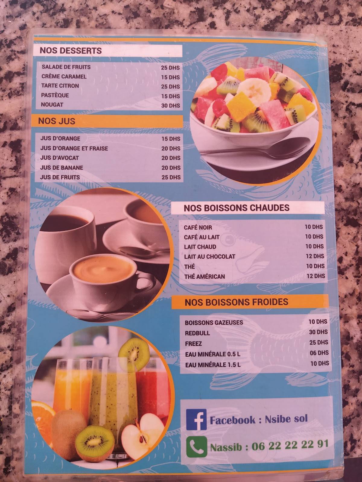 Menu au Café Restaurant Sol, Tanger