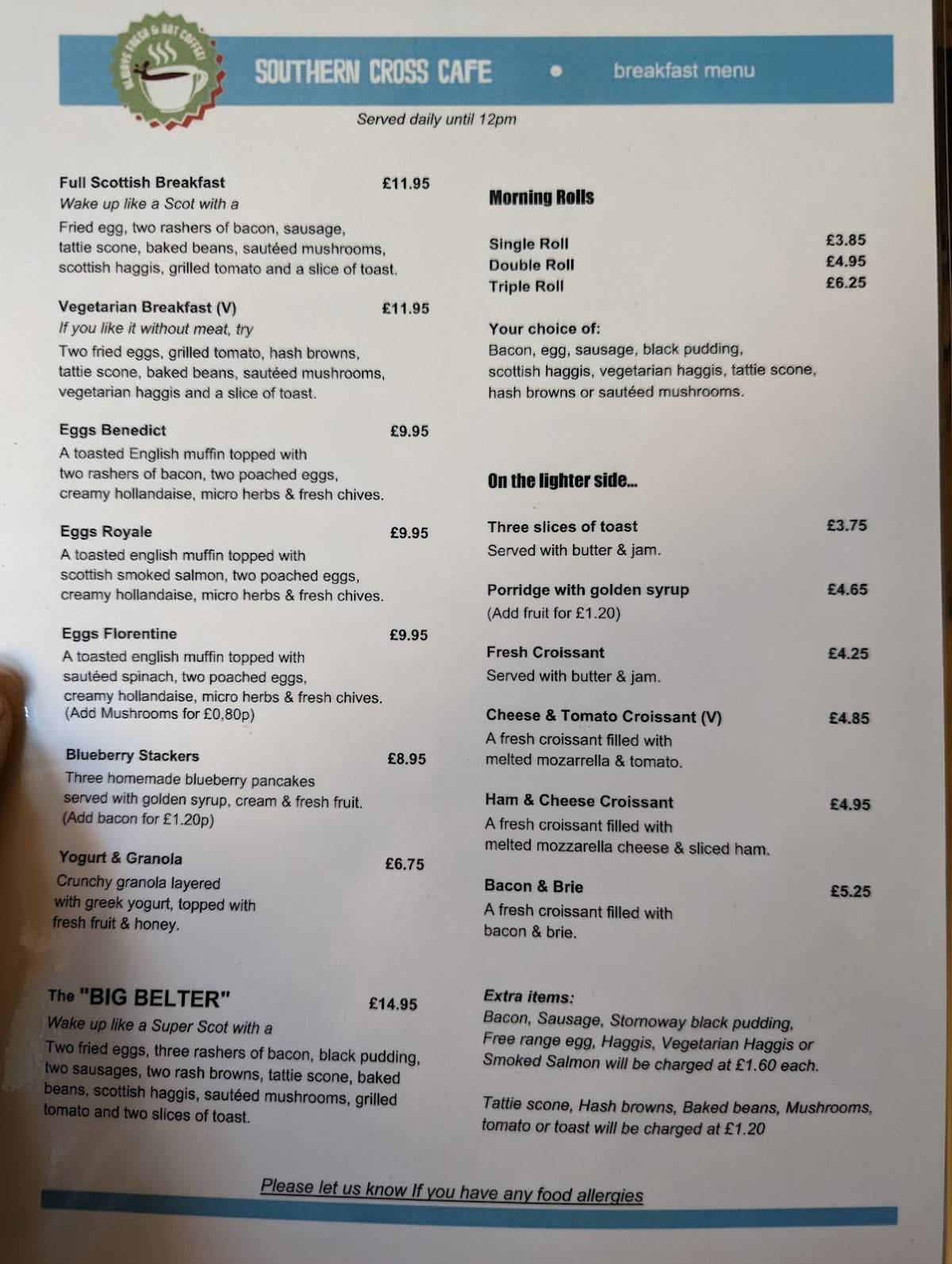 Menu at Southern Cross Cafe, Edinburgh