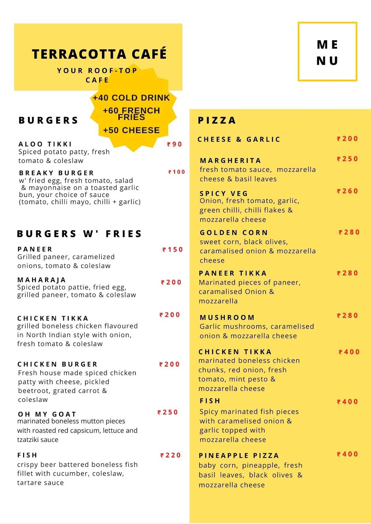 Menu at Terracotta Cafe, Varanasi, B1/146