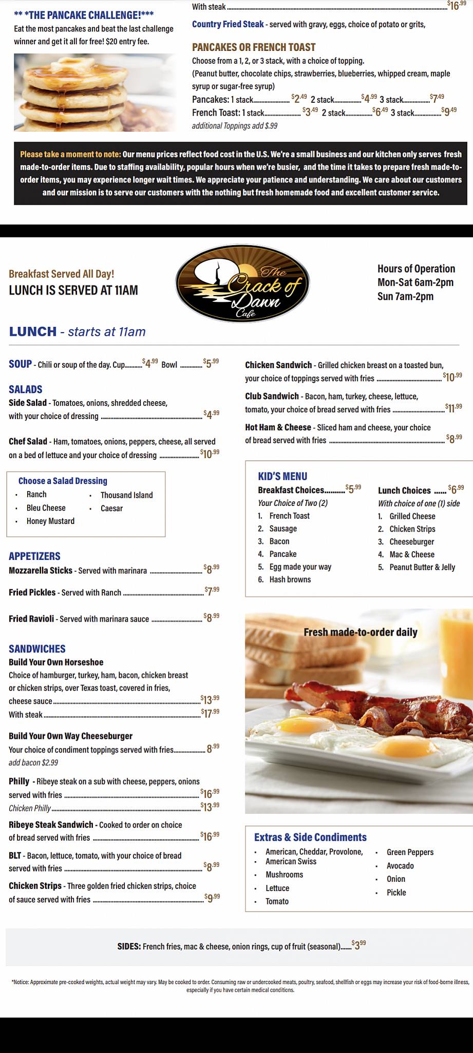 Menu at The Crack of Dawn Cafe, Fort Walton Beach