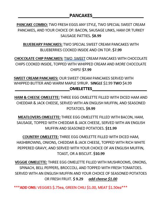 Menu at Three Bear's Cafe, Heber-Overgaard