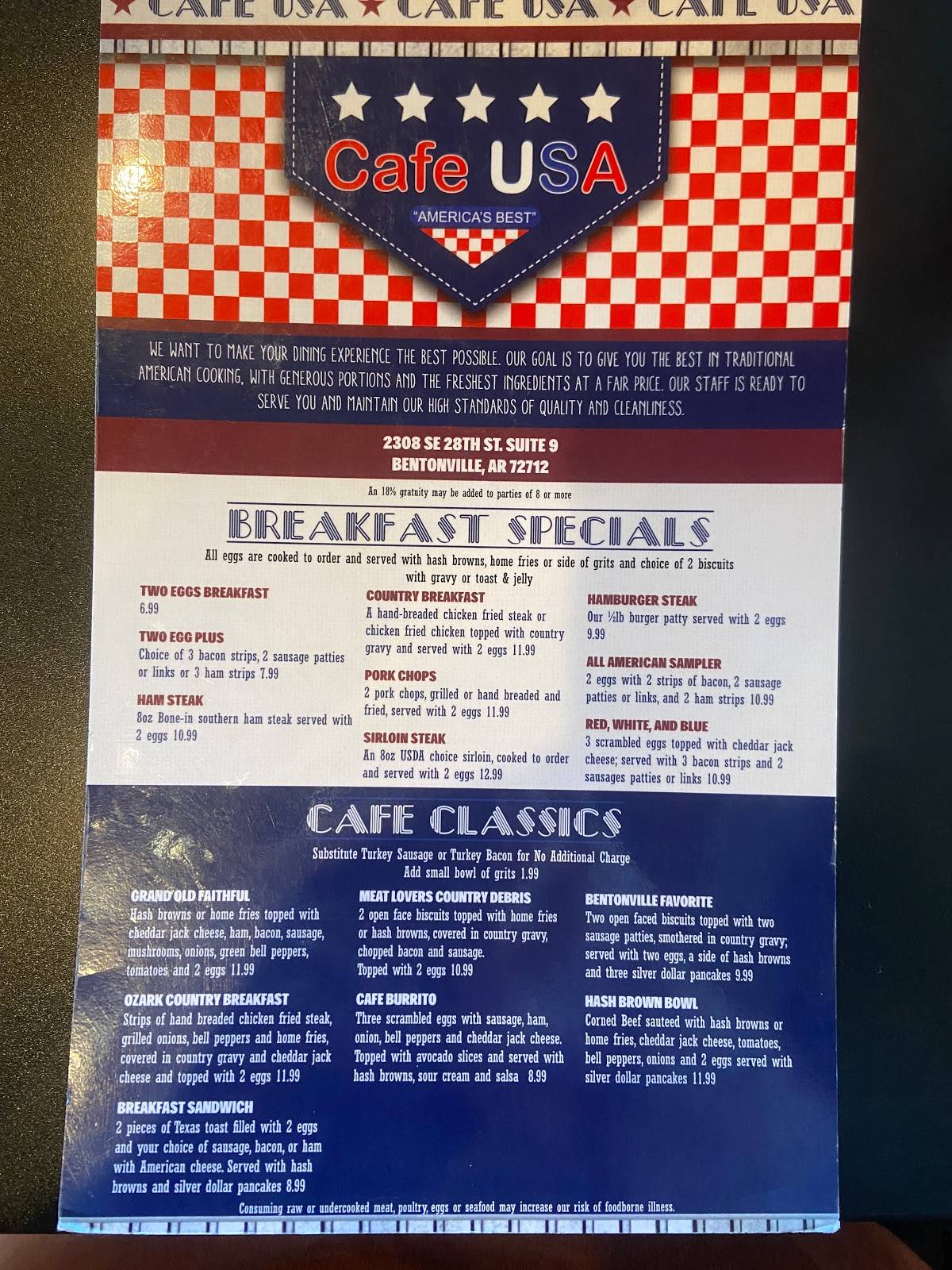 Menu at Cafe USA, Bentonville, SE 28th St #9