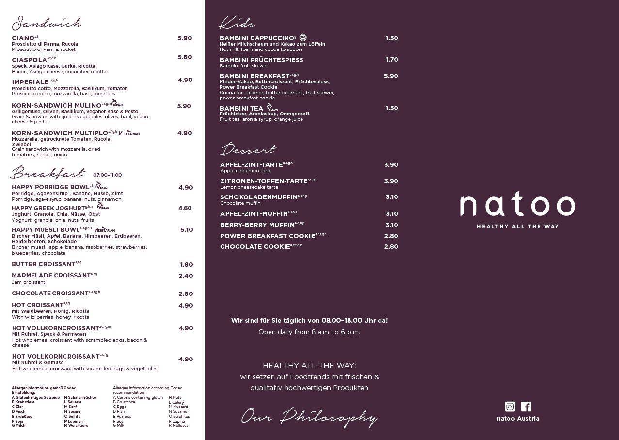 Speisekarte von natoo Austria cafe, Salzburg