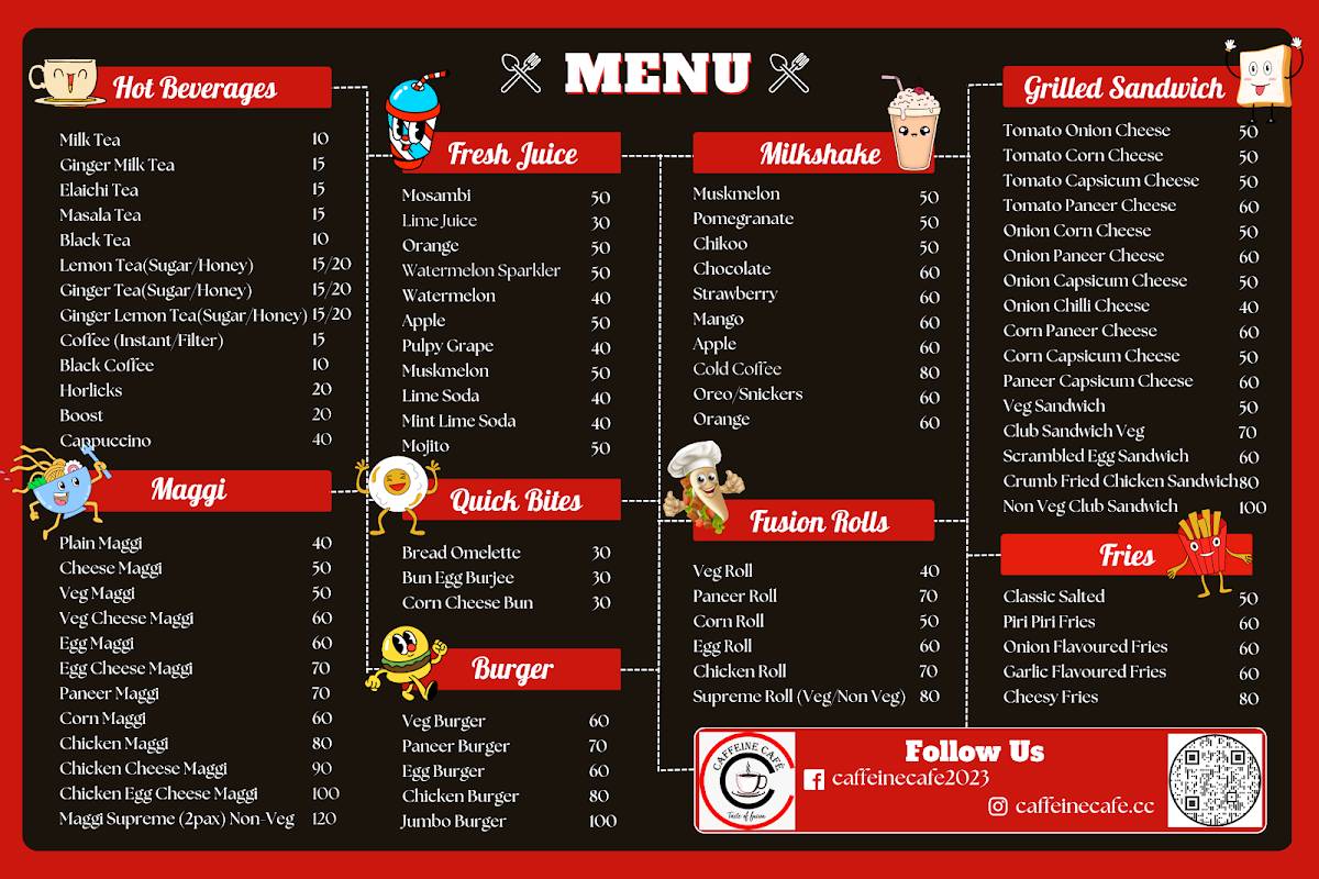 Menu at Caffeine Cafe, Bengaluru