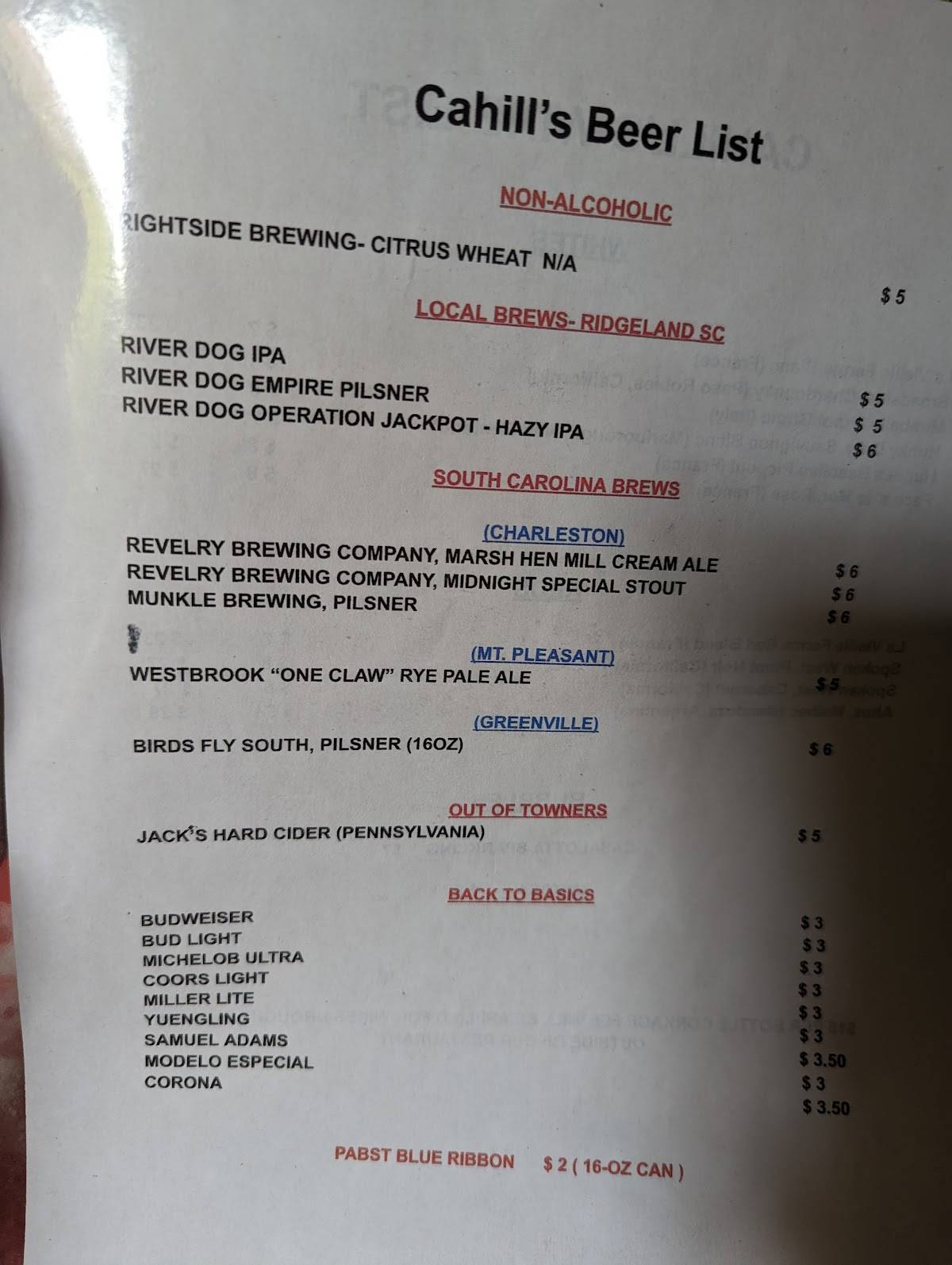 Menu at Cahill's Market & Chicken Kitchen restaurant, Bluffton