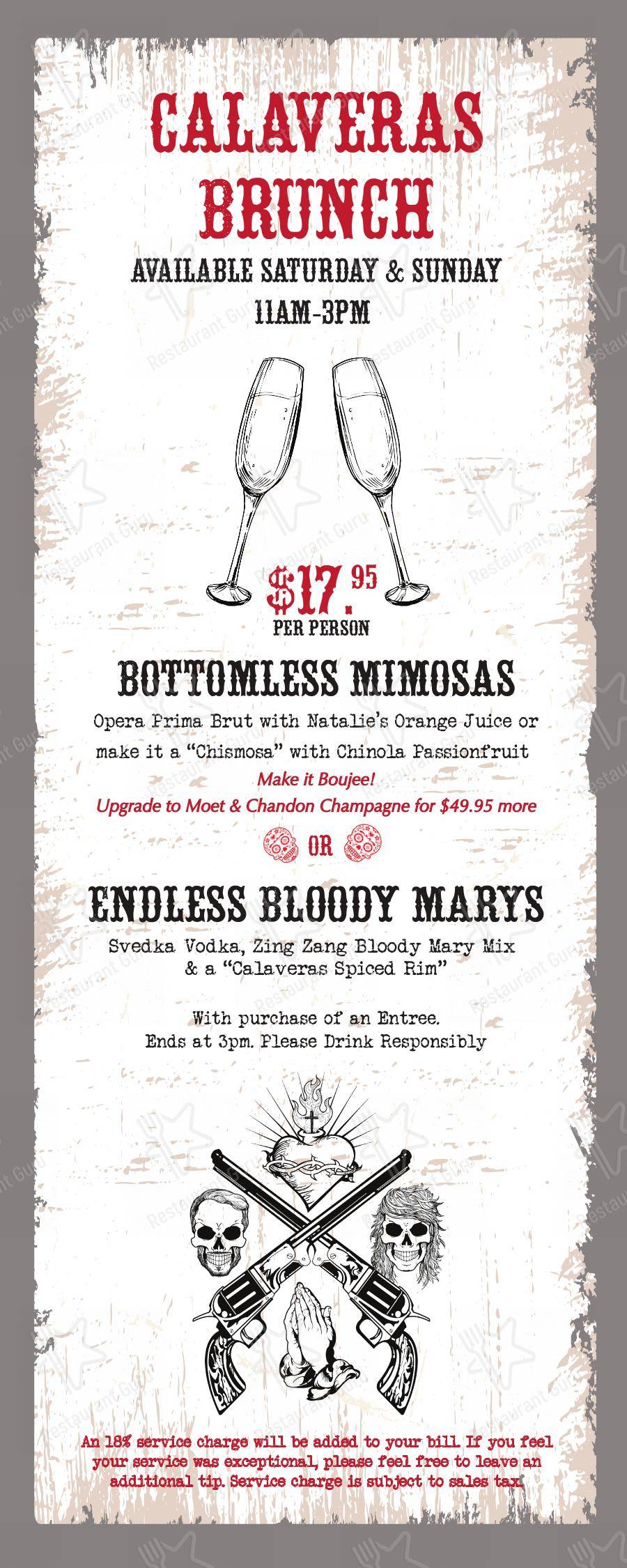 Menu at Calaveras Cantina pub & bar, Jupiter