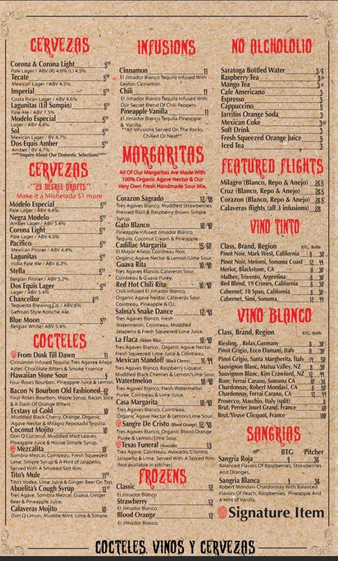 Menu at Calaveras Cantina pub & bar, Jupiter