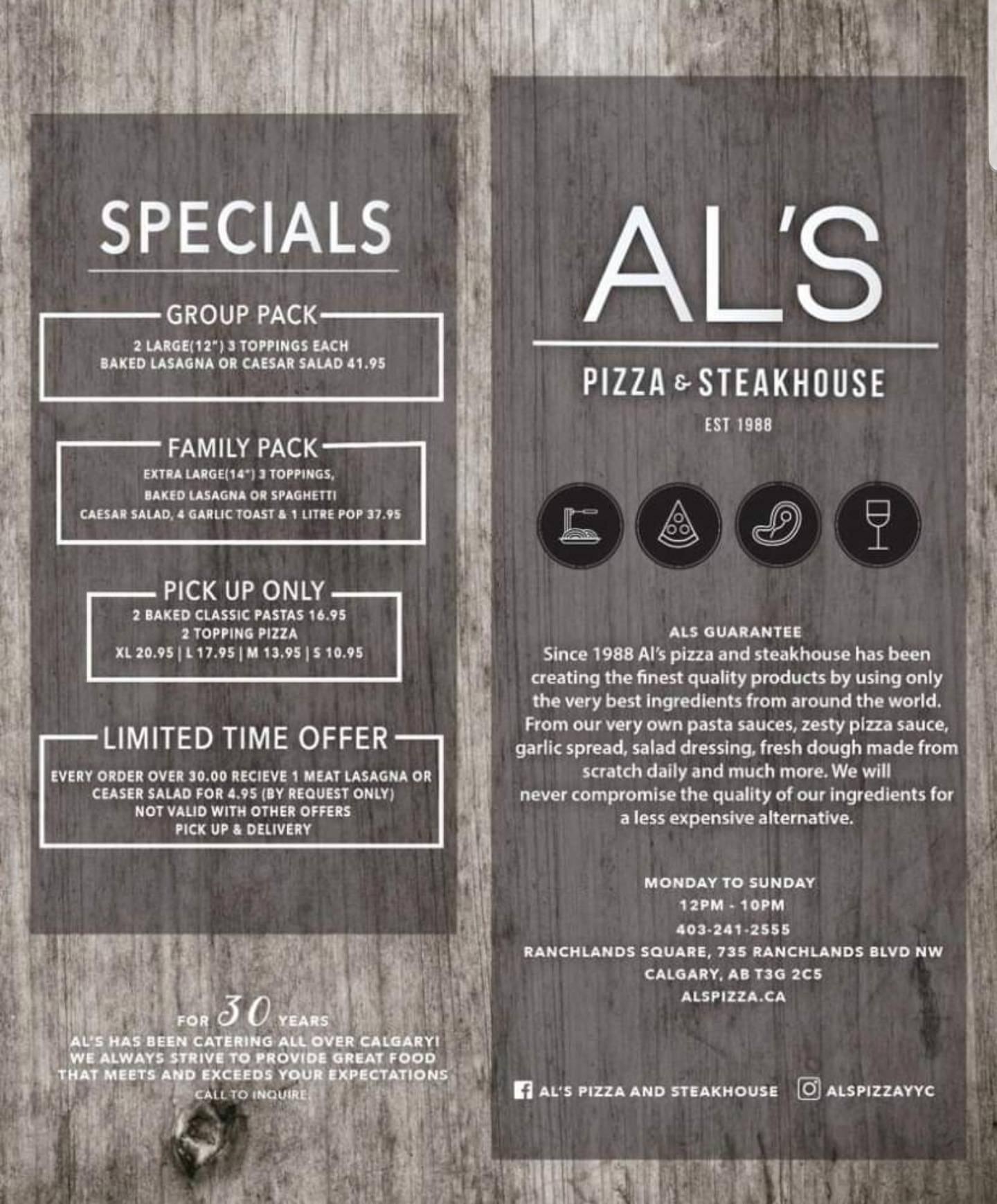 Menu at Al's Pizza & Steakhouse, Calgary
