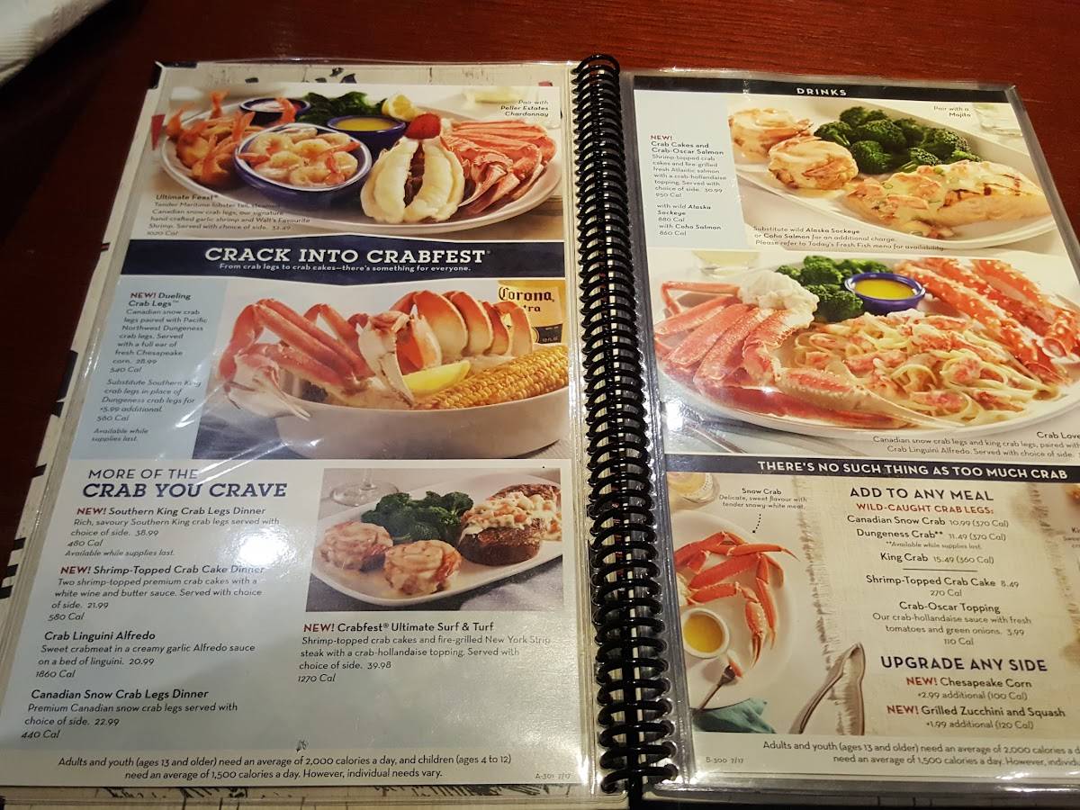Menu at Red Lobster restaurant, Calgary, Macleod Trail SW