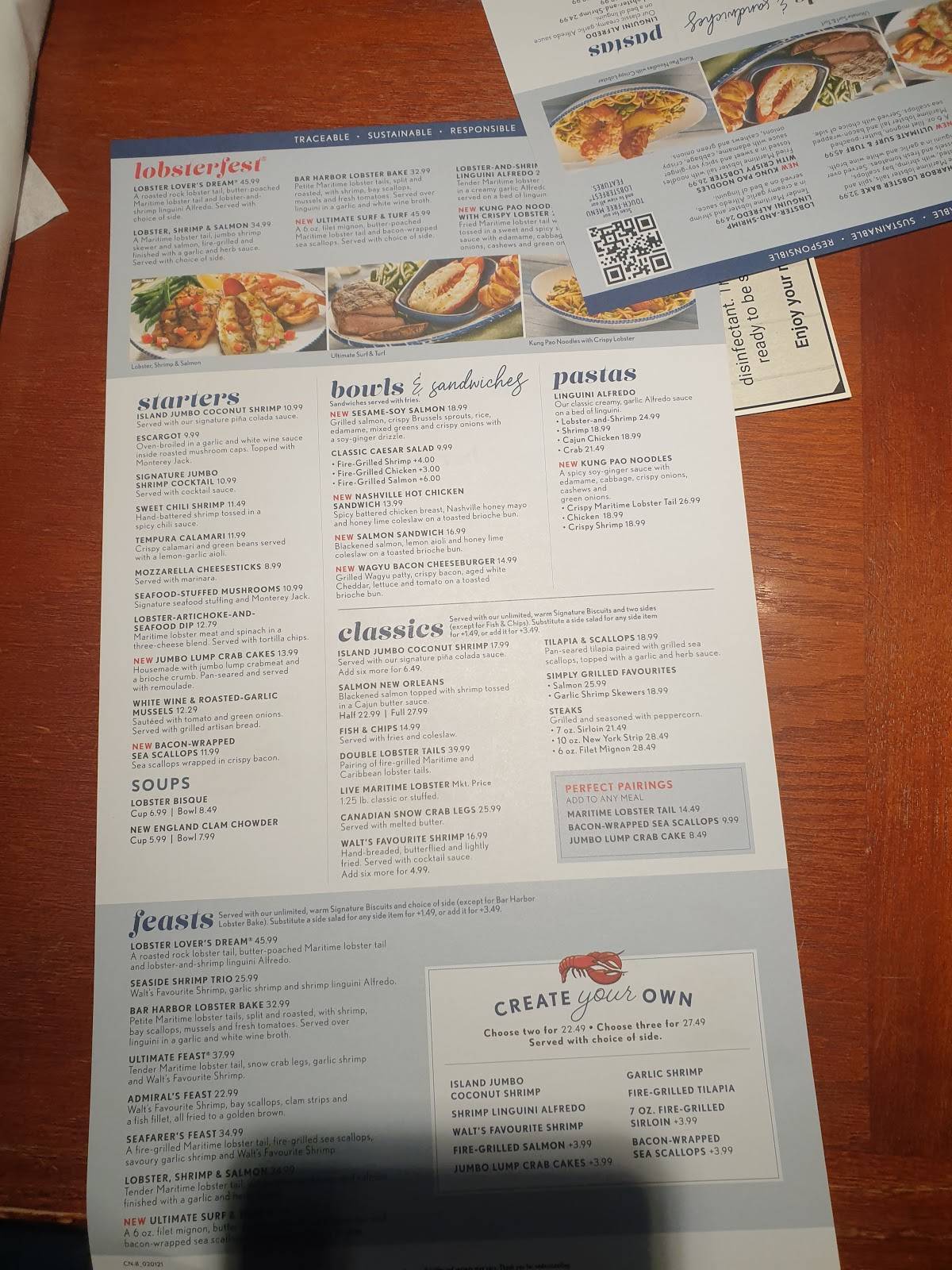 Menu at Red Lobster restaurant, Calgary, Macleod Trail SW