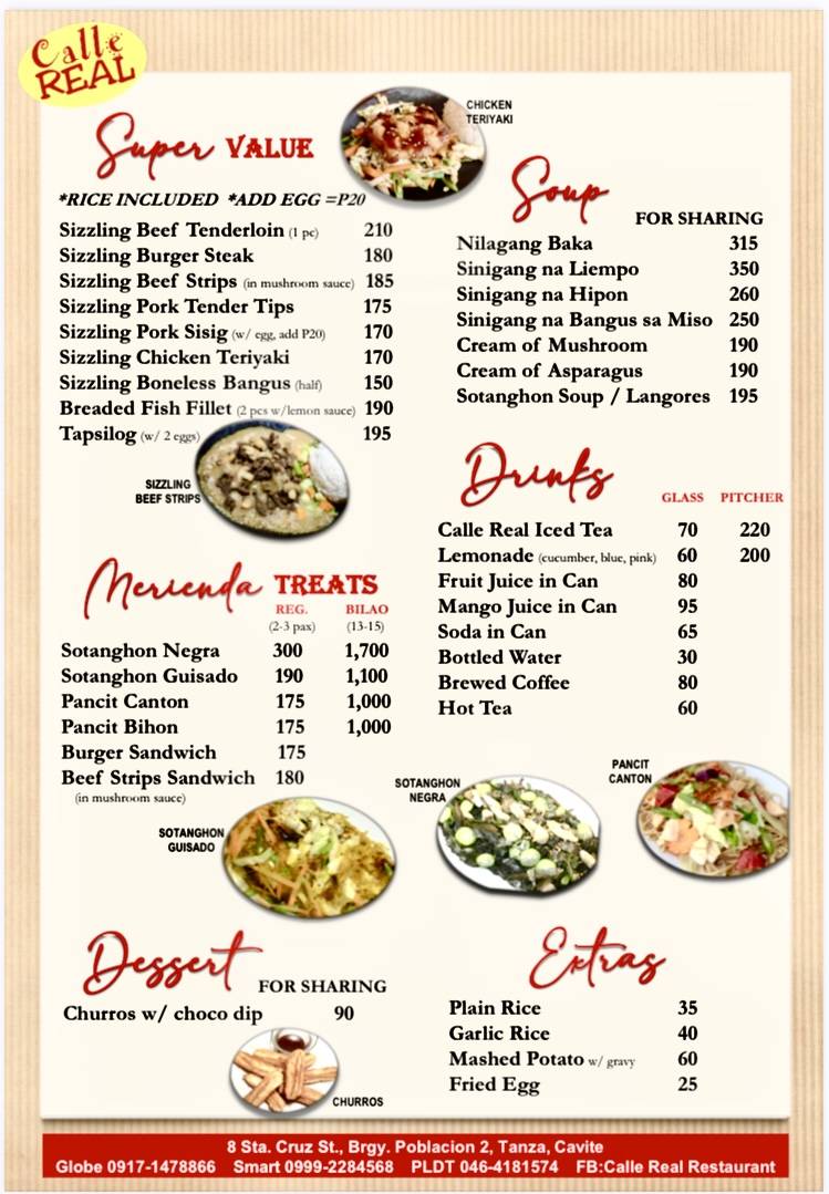 Menu at Calle Real restaurant, Tanza, Puregold Tanza
