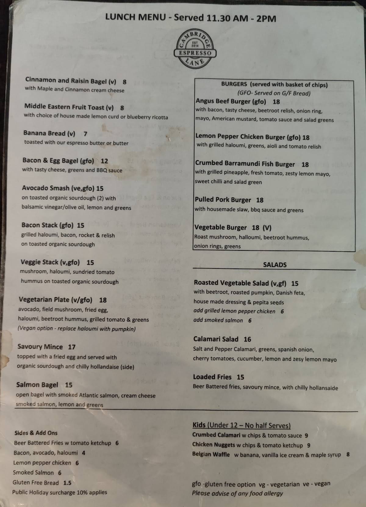 Menu at Cambridge Lane Espresso + Kitchen restaurant, Manly