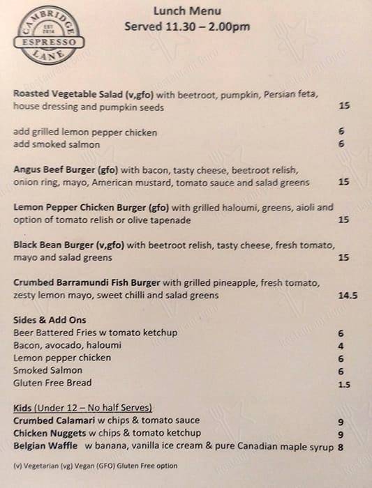 Menu at Cambridge Lane Espresso + Kitchen restaurant, Manly